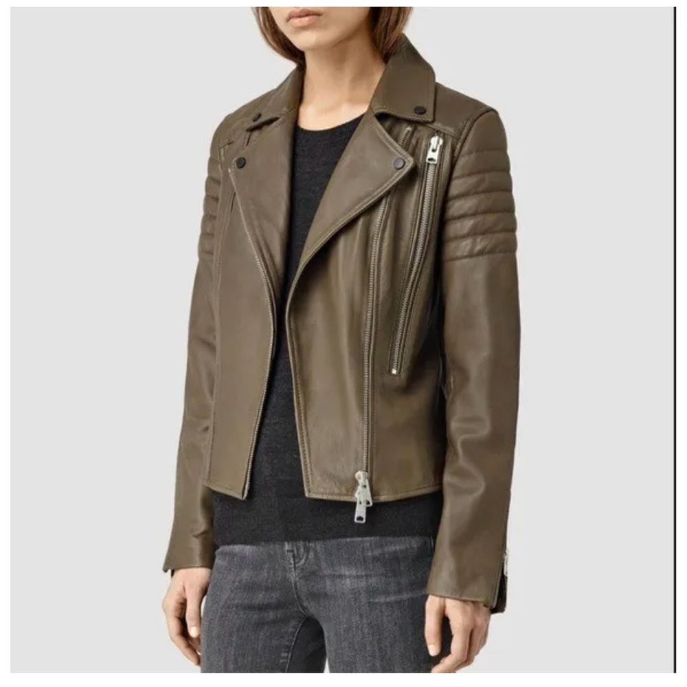 Allsaints Obika Biker Leather Jacket Olive Green Size… - Gem